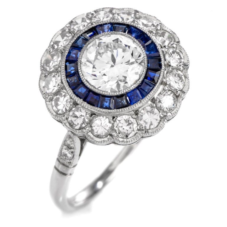 Diamond Sapphire Double Halo Platinum Cocktail RIng For Sale at 1stDibs