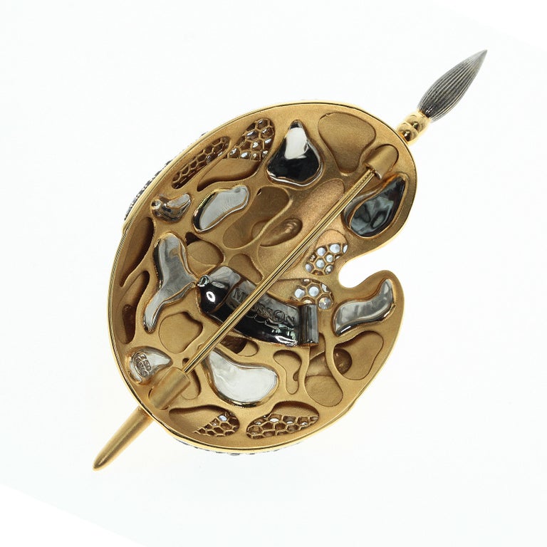 Diamond Sapphire Enamel 18 Karat Yellow Gold Palette and Brush Brooch ...