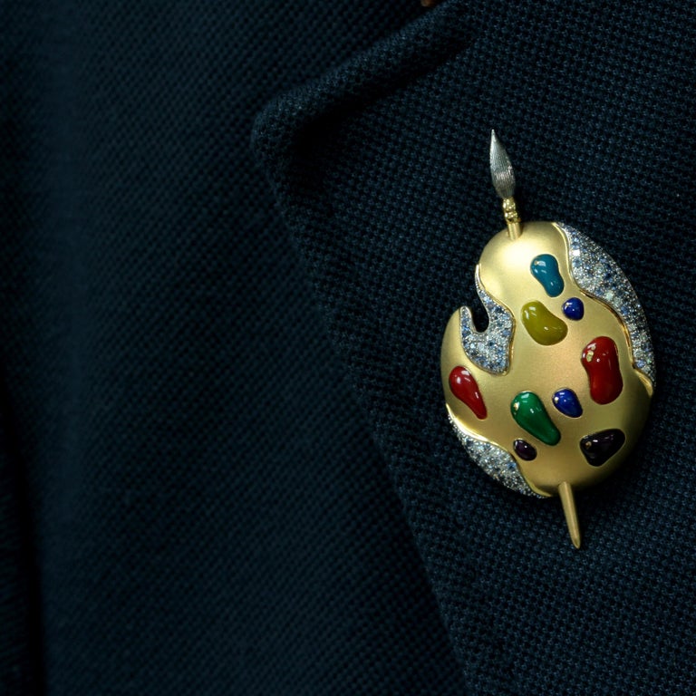Diamond Sapphire Enamel 18 Karat Yellow Gold Palette and Brush Brooch ...