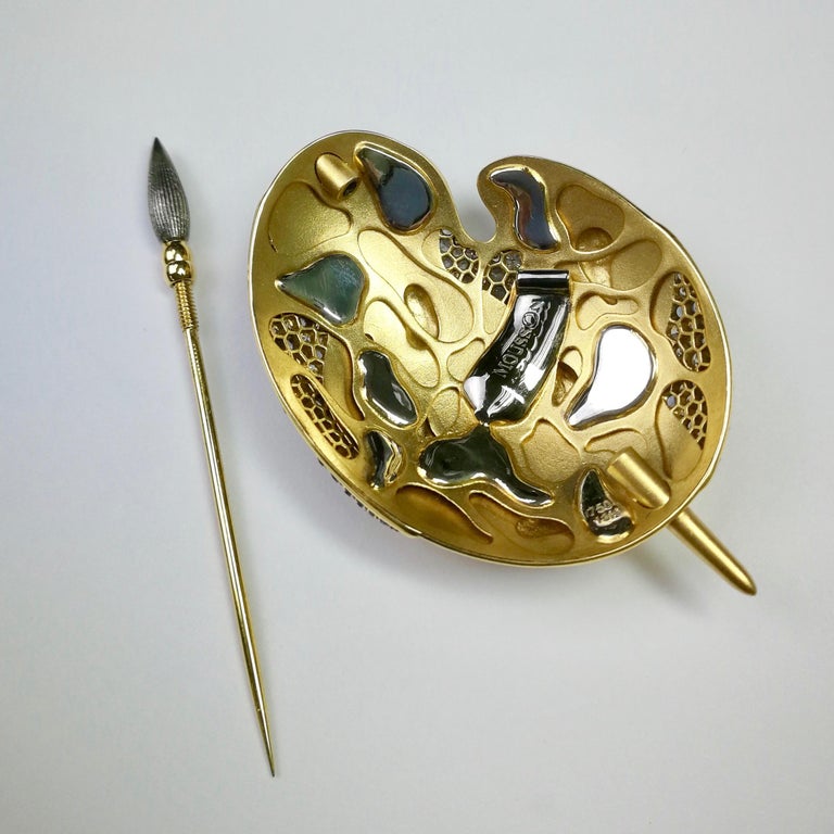 Diamond Sapphire Enamel 18 Karat Yellow Gold Palette and Brush Brooch ...