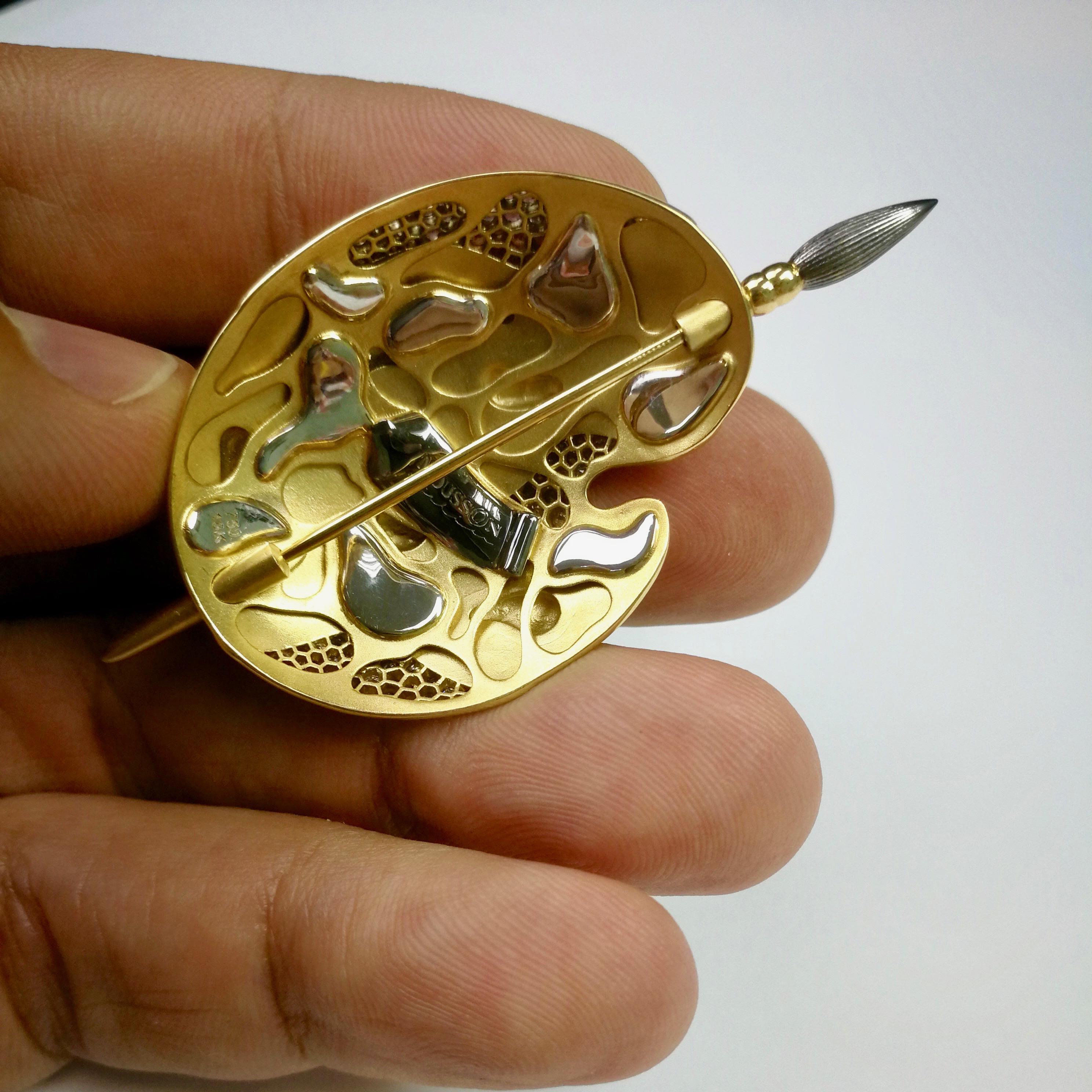 Diamond Sapphire Enamel 18 Karat Yellow Gold Palette and Brush Brooch ...
