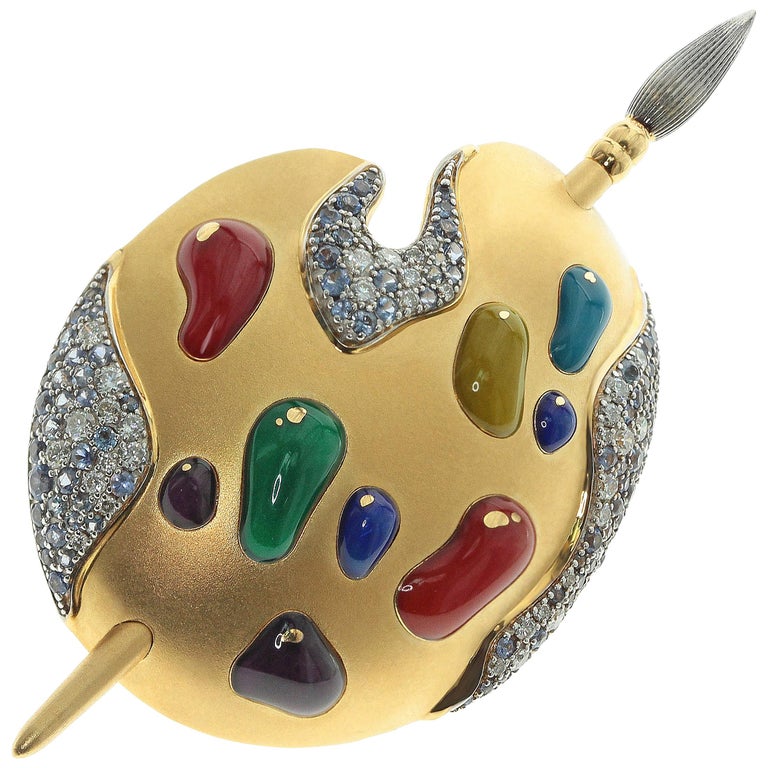 Diamond Sapphire Enamel 18 Karat Yellow Gold Palette and Brush Brooch ...
