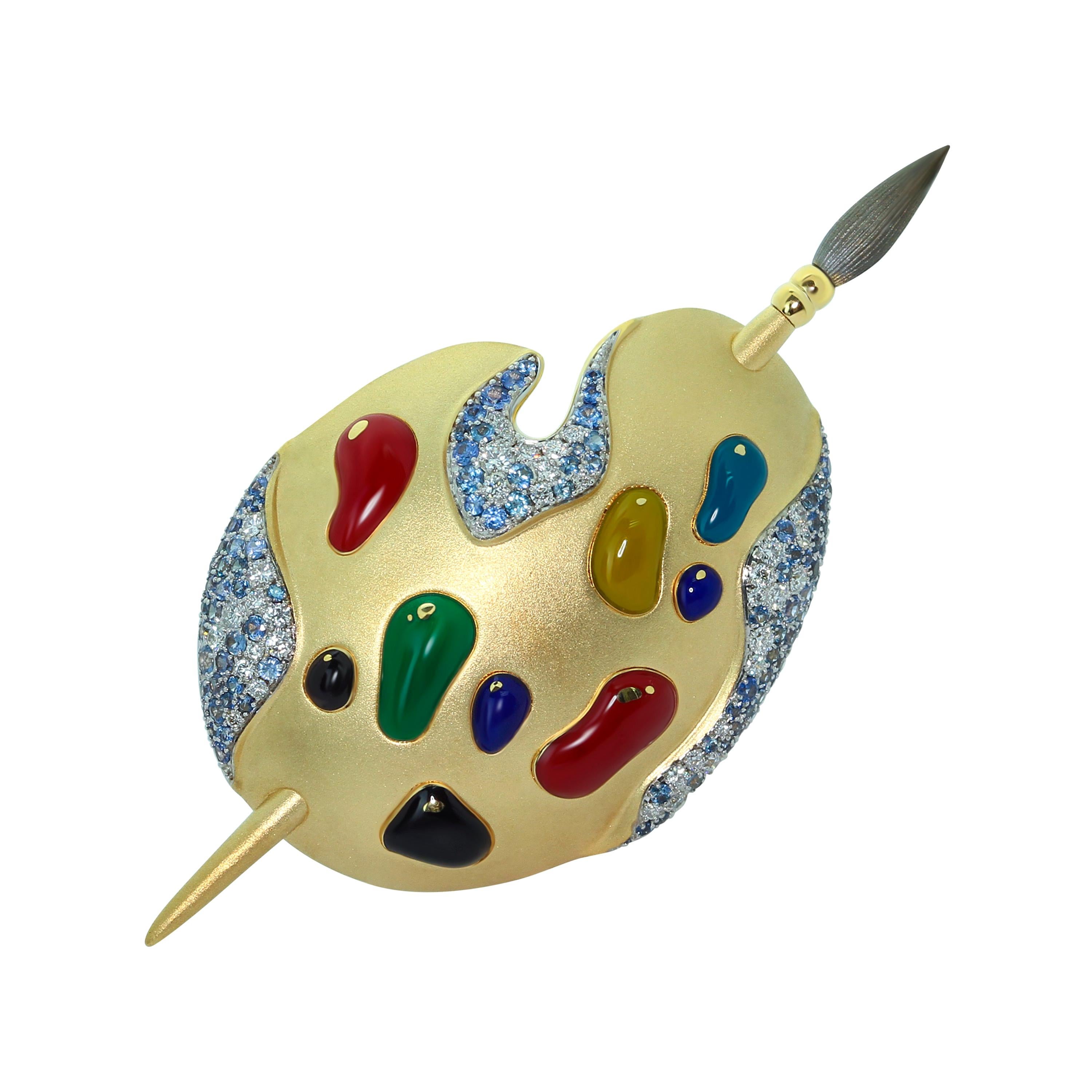 Diamond Sapphire Enamel 18 Karat Yellow Gold Palette and Brush Brooch ...