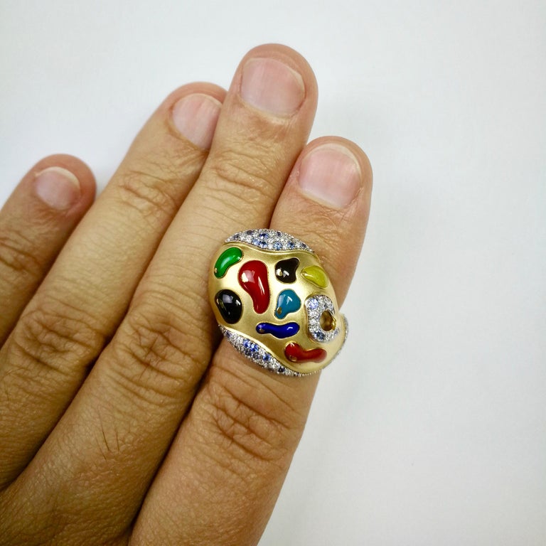Diamond Sapphire Enamel 18 Karat Yellow Gold Palette Ring For Sale at ...