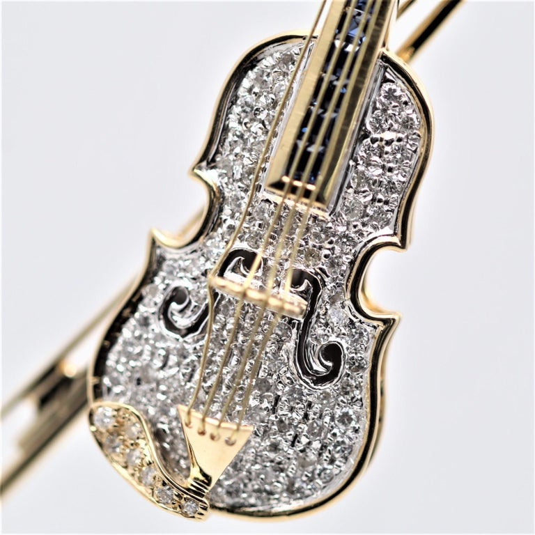 Diamond Sapphire Gold Violin Pendant Brooch For Sale at 1stDibs