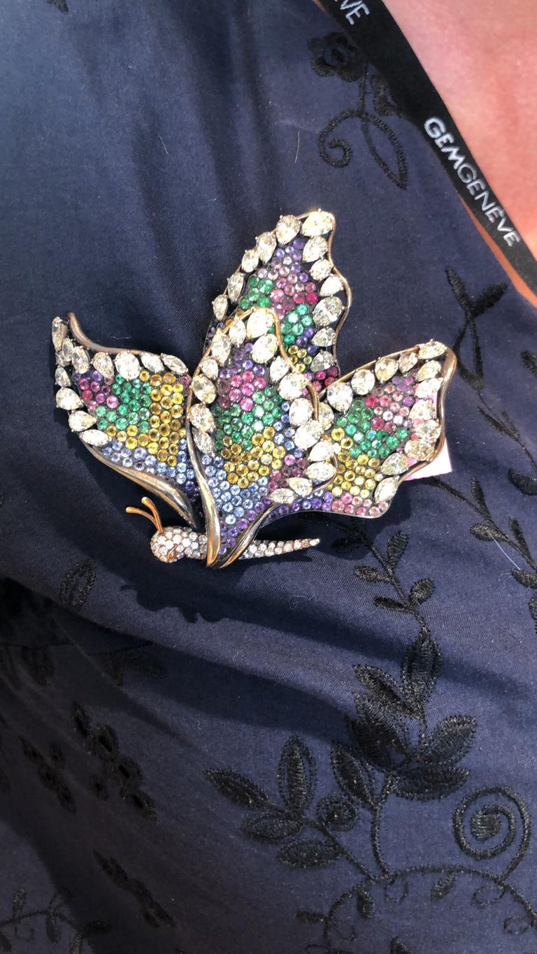 Diamond Sapphire Multicolor Pave Gold Butterfly Brooch For Sale at 1stDibs