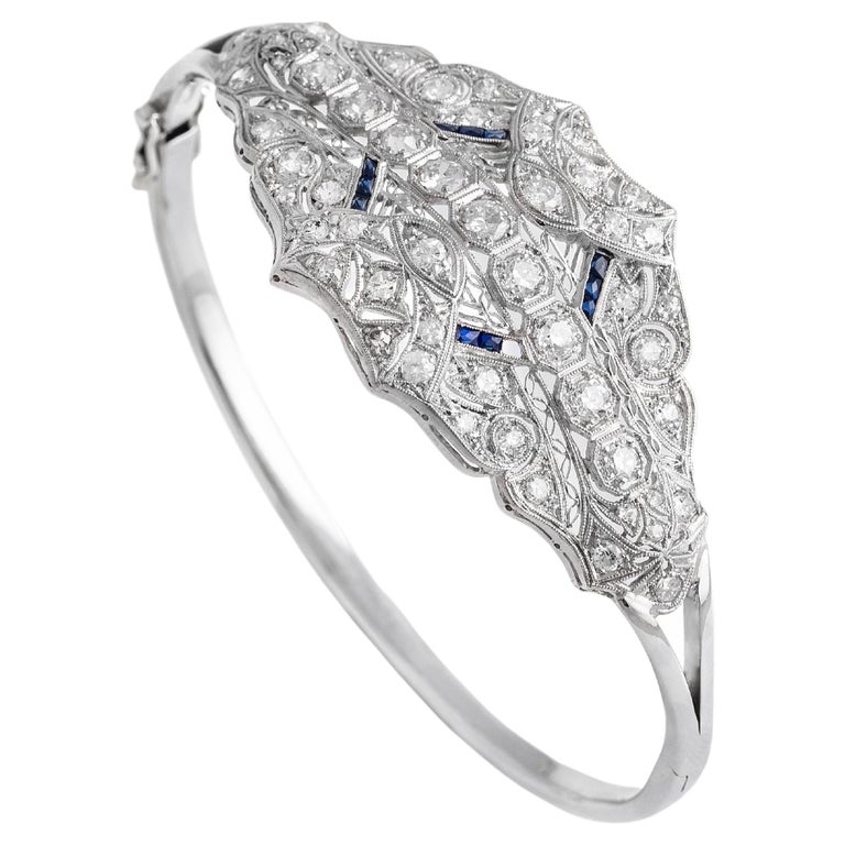 Diamond Sapphire Platinum Gold Bangle For Sale at 1stDibs