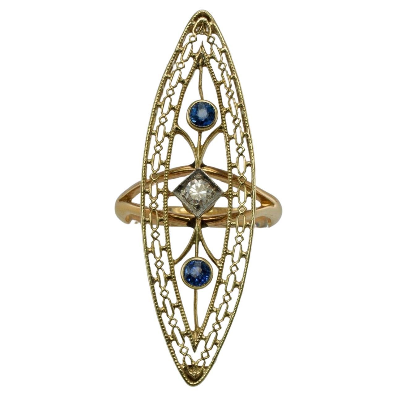 Art Deco Sapphire Ring Shield 18K White Gold Cocktail For Sale at 1stDibs