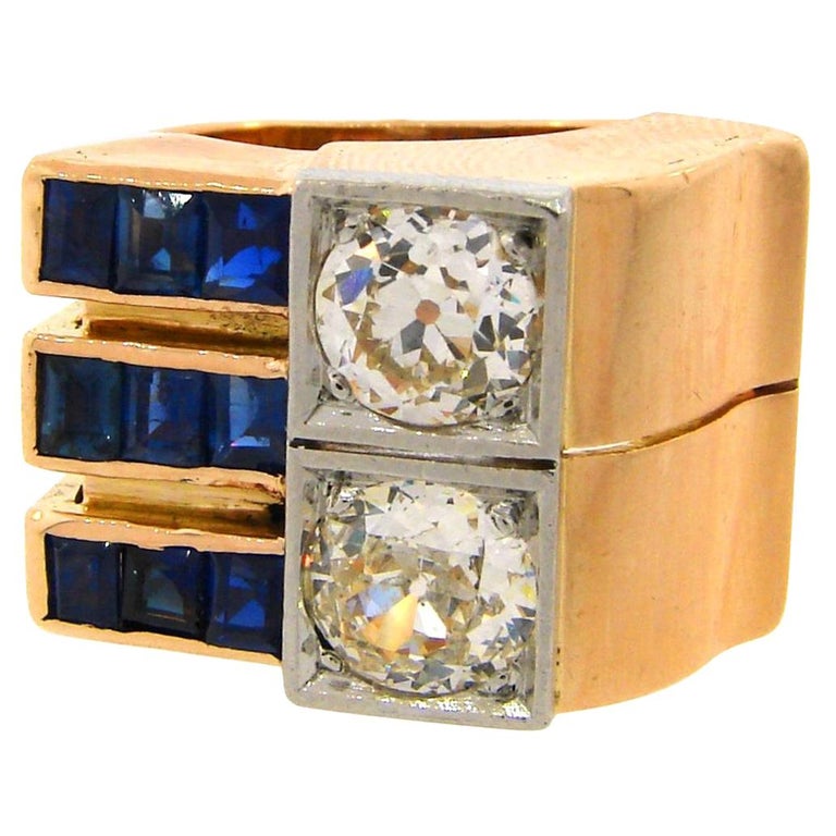 Diamond Sapphire Rose Gold Retro Ring, 1940s For Sale at 1stDibs