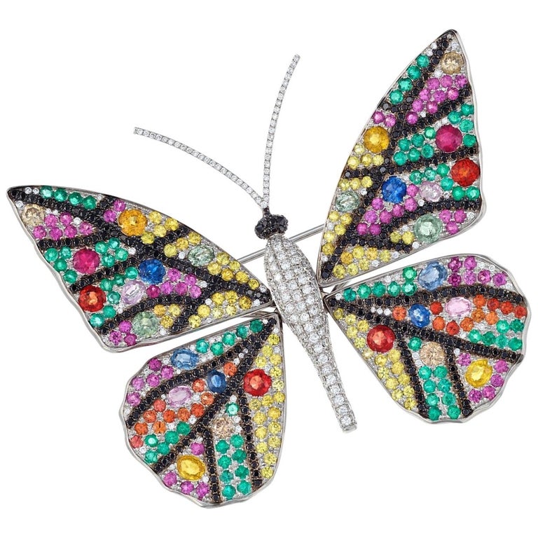 Broche unique Rosior « papillon tremblant » en diamants, saphirs, rubis ...