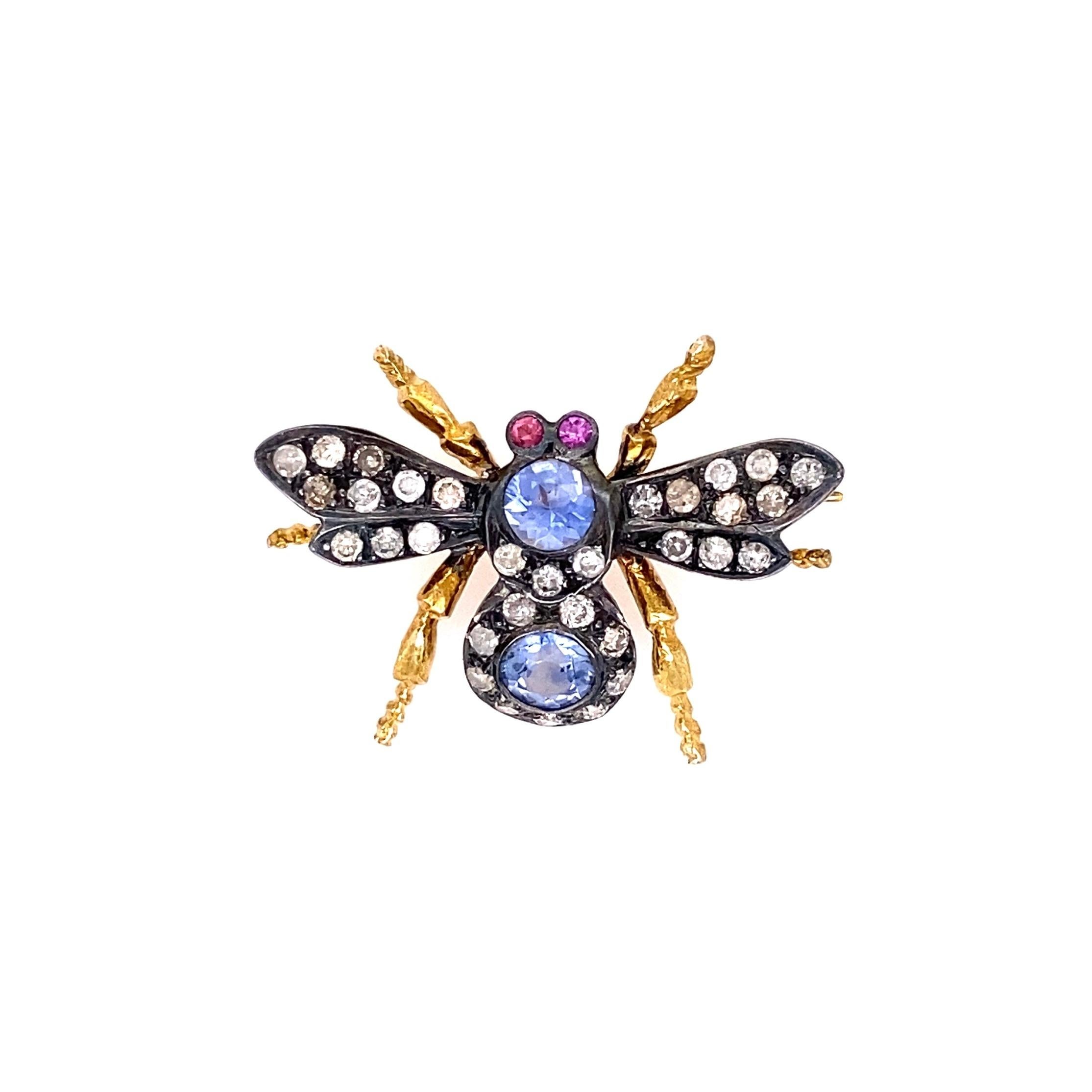 Diamond Sapphire Ruby Gold and Silver Fly Bee Brooch Pin Fine Estate ...