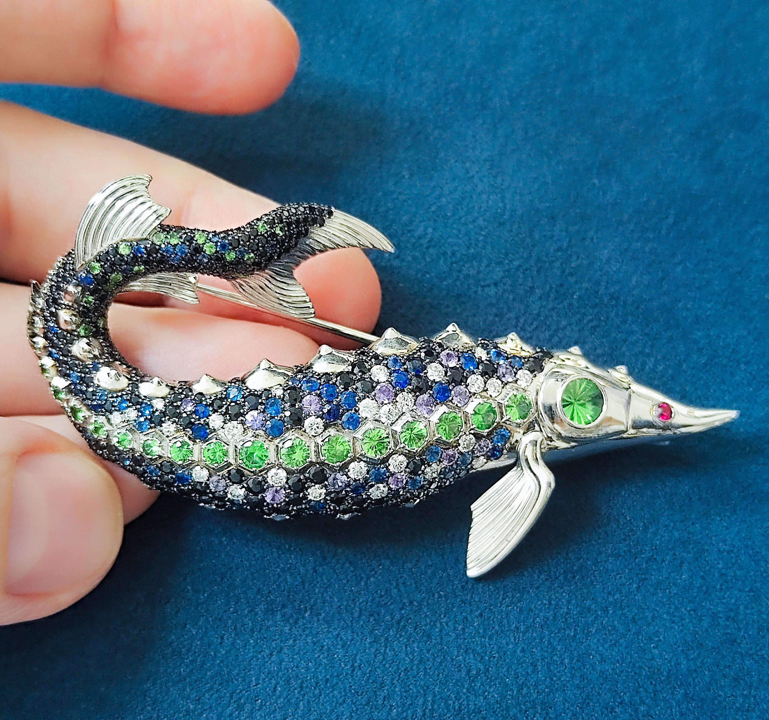 Diamond Sapphire Tsavorite 18 Karat Black Gold Sturgeon Brooch For Sale ...