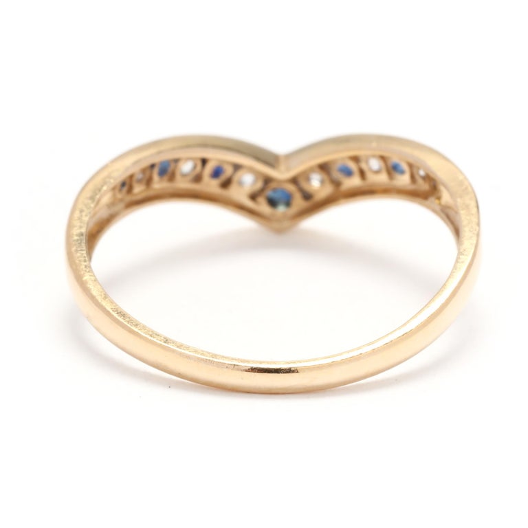 Diamond Sapphire V Wedding Band, 14KT Yellow Gold, Ring For Sale at 1stDibs