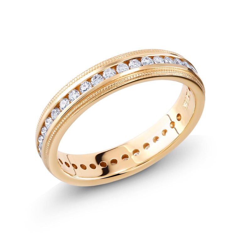 Diamond Set in Yellow Gold Eternity Wedding Band with Double Milgrain ...