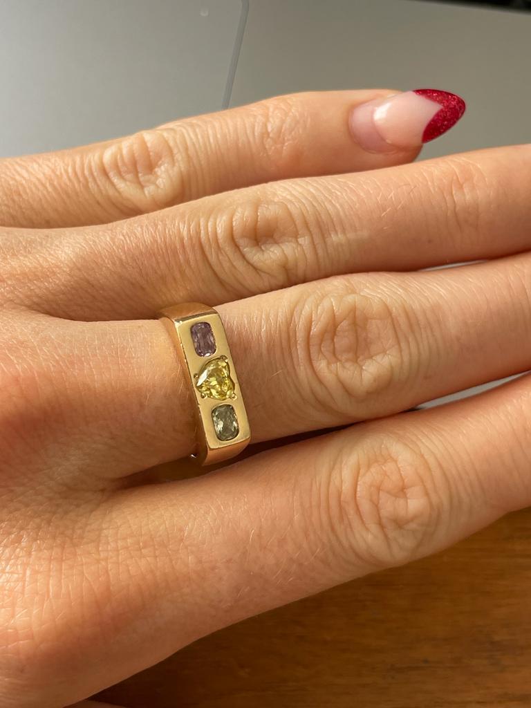 Diamond Signet Ring Featuring Yellow Heart Diamond, Pink and Green ...