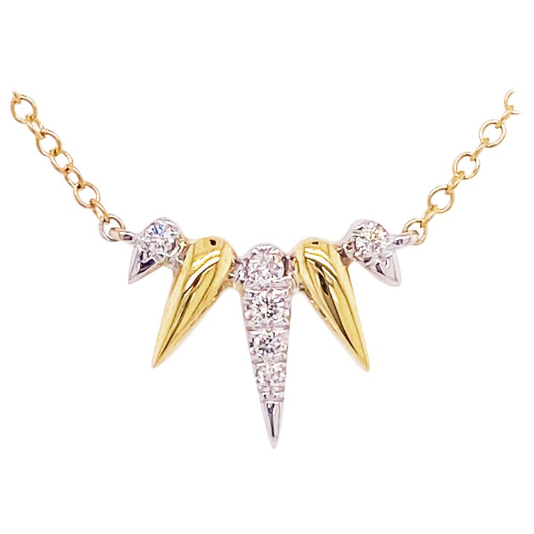 Diamond Spike Necklace, 14K Yellow-White Gold Diamond Pave Spike Fan ...