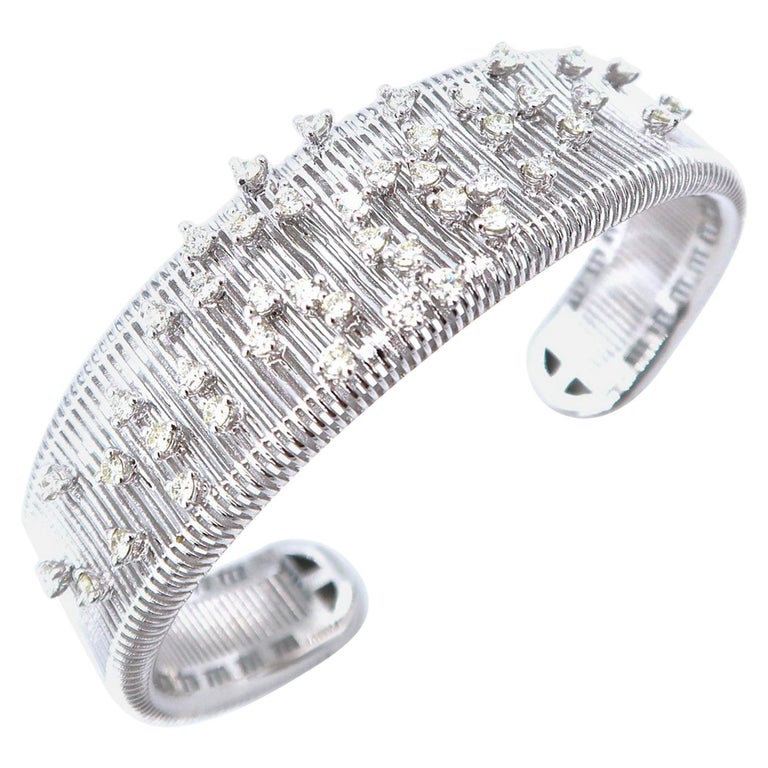 Diamond Sprinkles 18K White Gold Wire Wide Slip-on Open Cuff Bangle ...