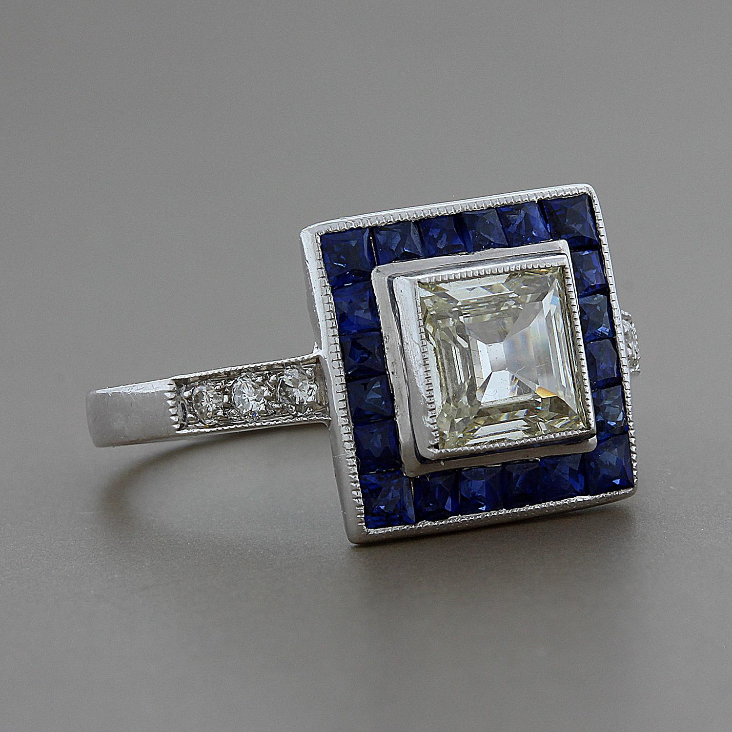 Diamond Square Shape Sapphire Halo Gold Engagement Ring at 1stDibs ...