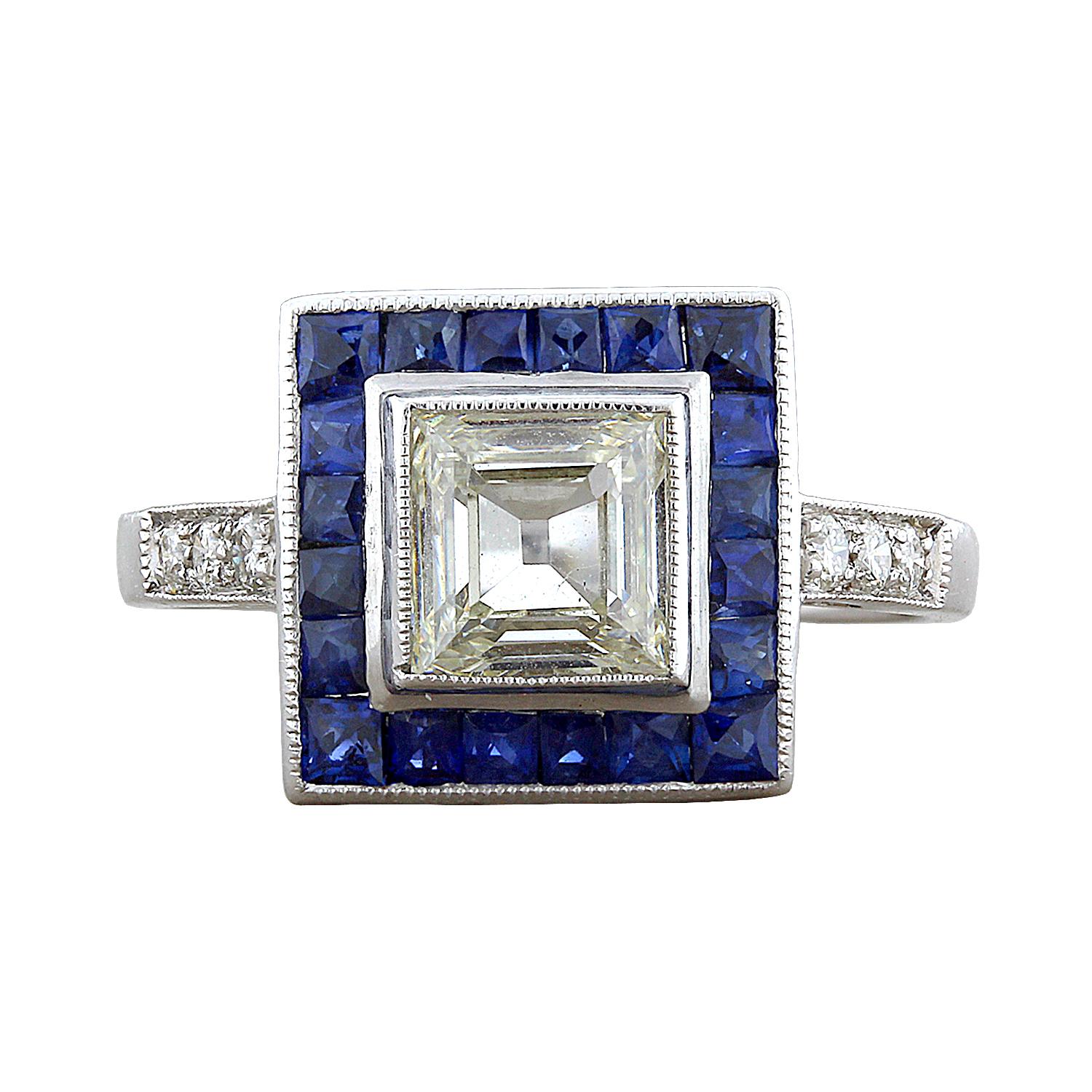 Diamond Square Shape Sapphire Halo Gold Engagement Ring at 1stDibs ...