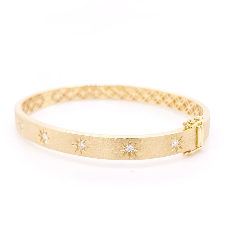 Diamond Star Bracelet, Yellow Gold, Flush Set Diamond Bangle with Satin ...