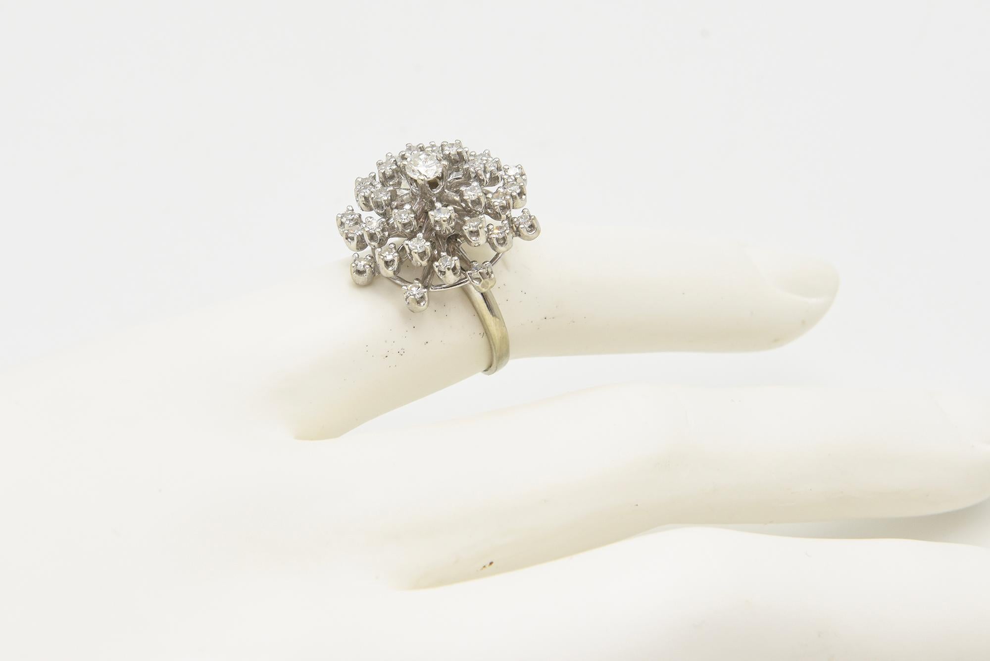 Diamond Starburst Snowflake Cluster White Gold Cocktail Ring For Sale ...