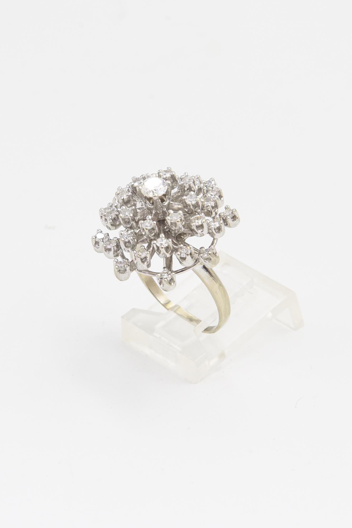 Diamond Starburst Snowflake Cluster White Gold Cocktail Ring For Sale ...