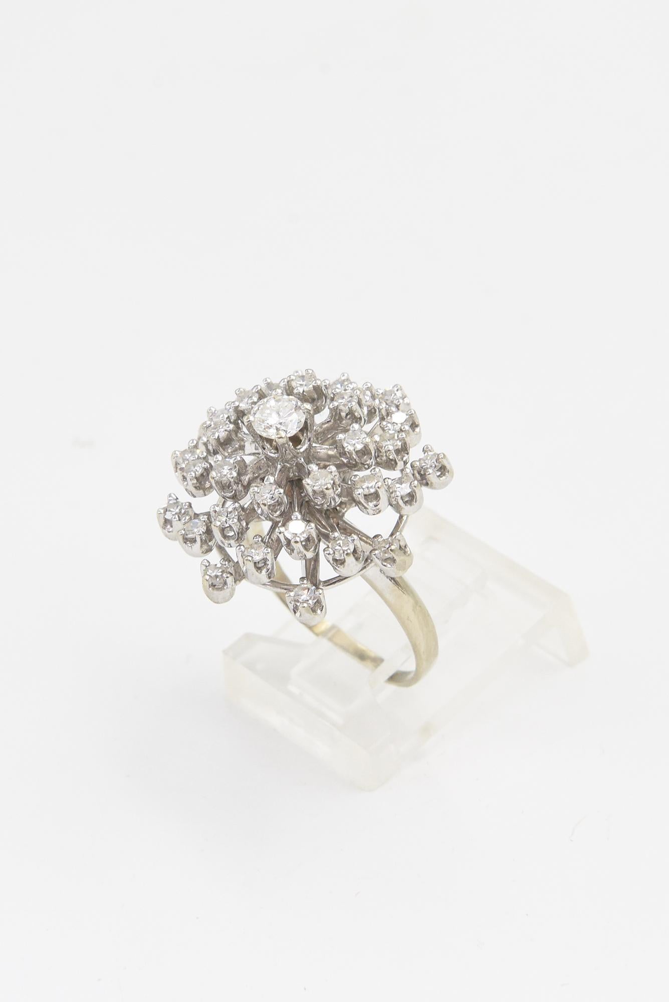 Diamond Starburst Snowflake Cluster White Gold Cocktail Ring For Sale ...