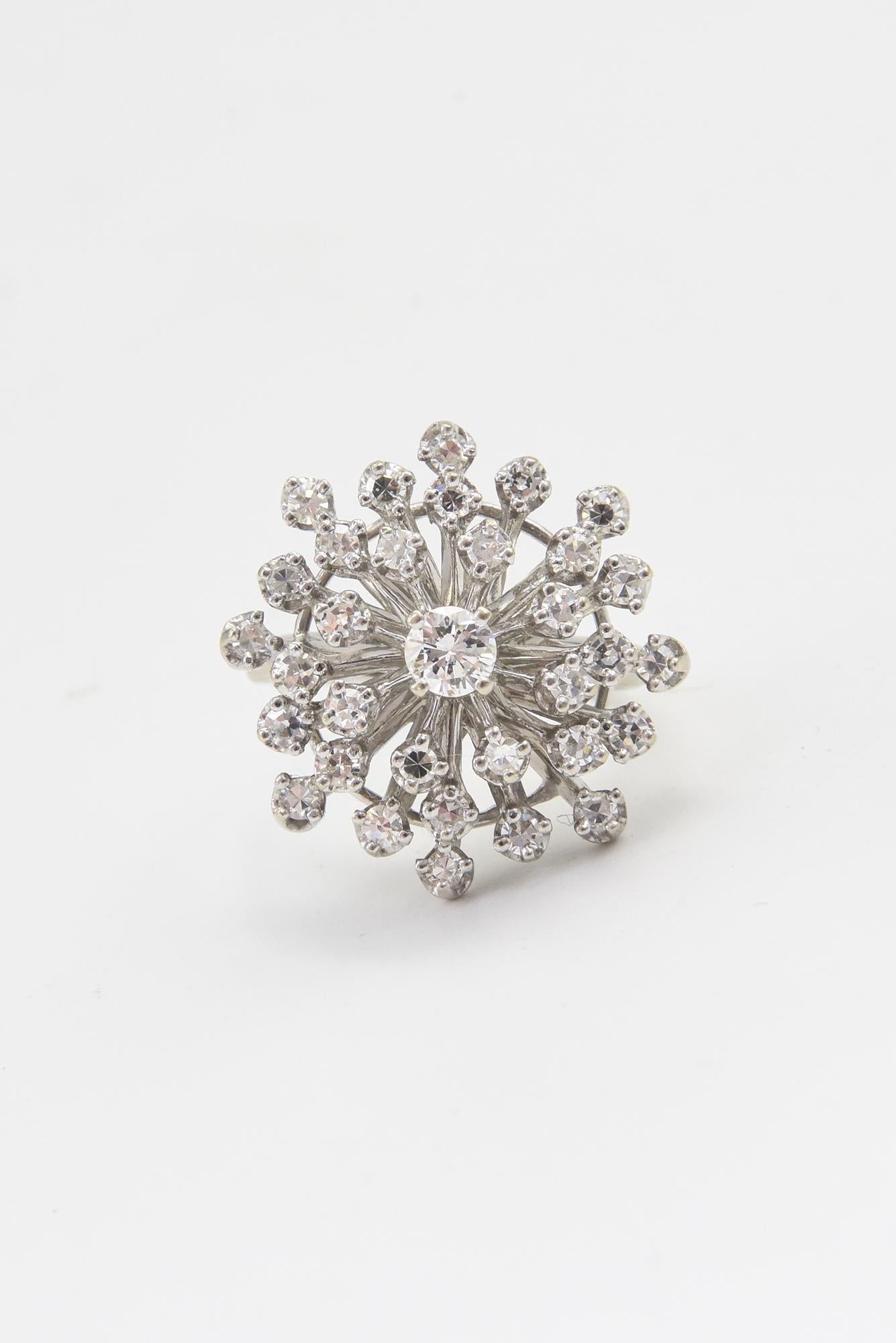 Diamond Starburst Snowflake Cluster White Gold Cocktail Ring For Sale ...