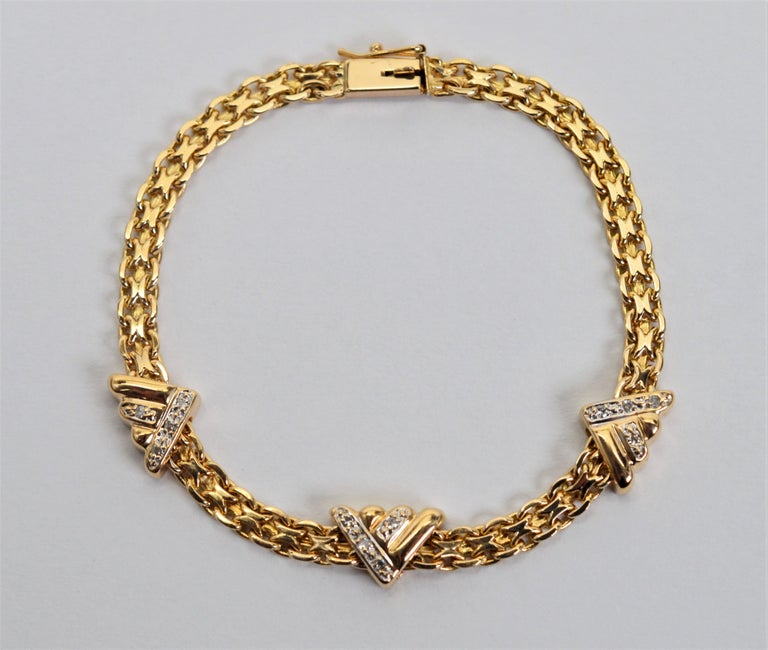 Diamond Station 14 Karat Yellow Gold Bismark Chain Bracelet For Sale at ...