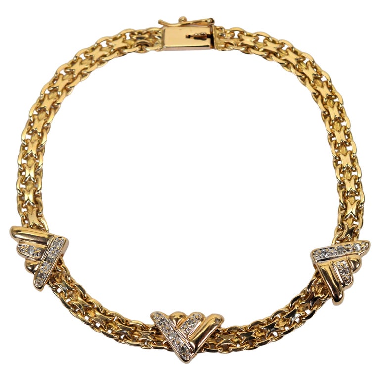 Diamond Station 14 Karat Yellow Gold Bismark Chain Bracelet For Sale at ...