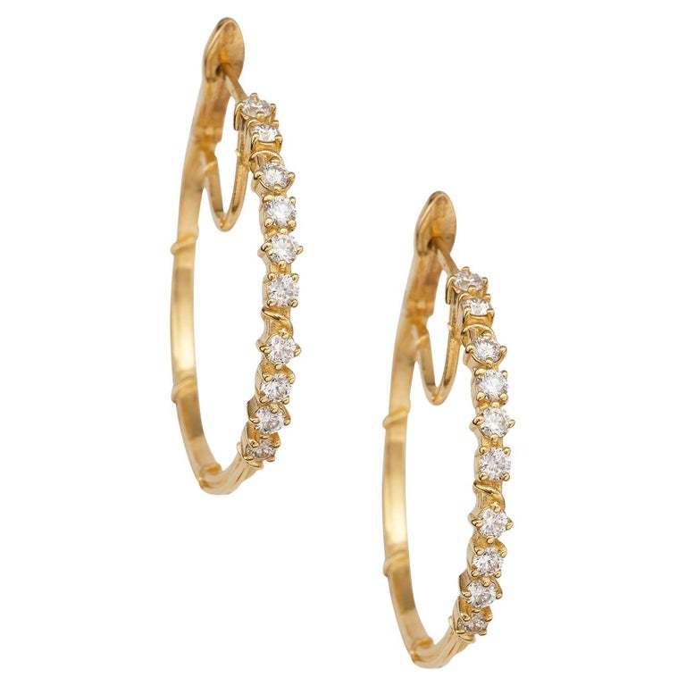 Diamond-studded 14k Gold Vine Hoops, 1" For Sale at 1stDibs