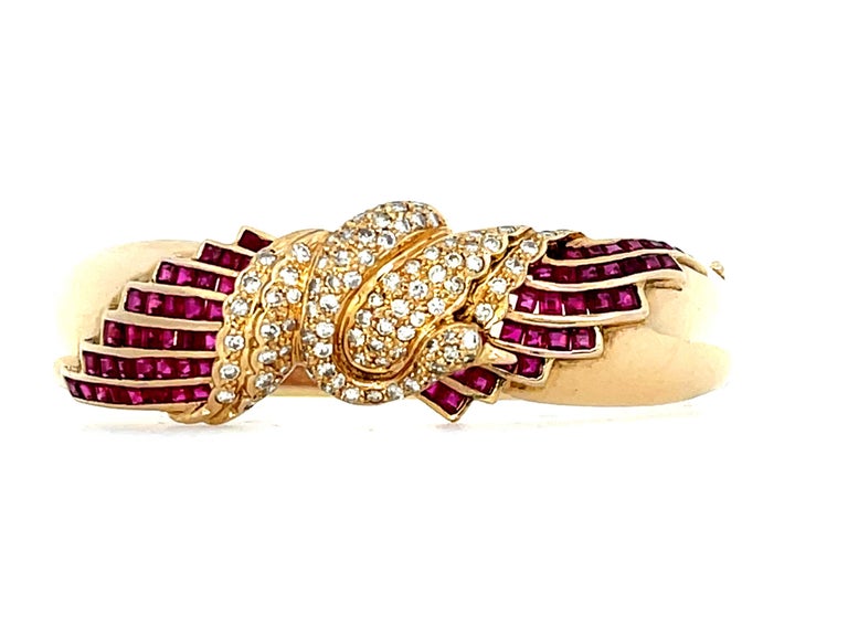 Diamond Swan and Ruby Bangle in 14k Yellow Gold For Sale at 1stDibs