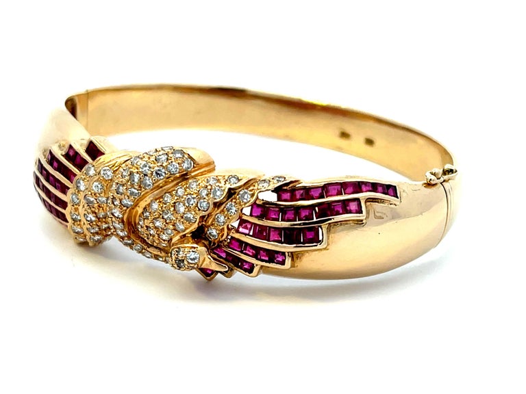 Diamond Swan and Ruby Bangle in 14k Yellow Gold For Sale at 1stDibs
