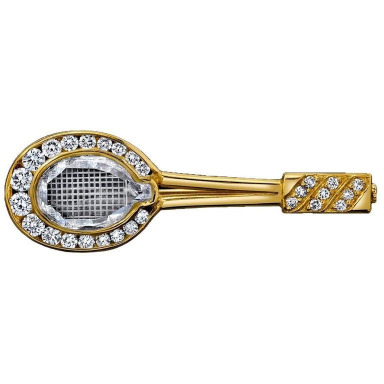 Diamond Tennis Racket Pin/Brooch 18 Karat Yellow Gold with GIA For Sale ...