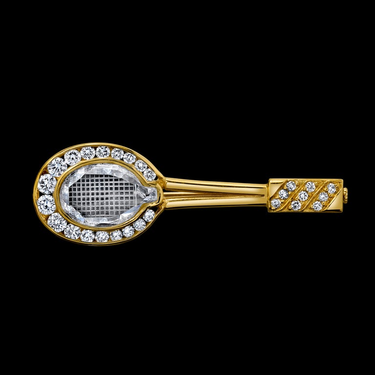 Diamond Tennis Racket Pin/Brooch 18 Karat Yellow Gold with GIA For Sale ...