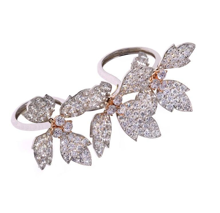 White Rose Gold and Diamond Three-Finger Flower Ring For Sale at ...
