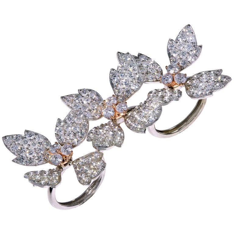 White Rose Gold and Diamond Three-Finger Flower Ring For Sale at ...