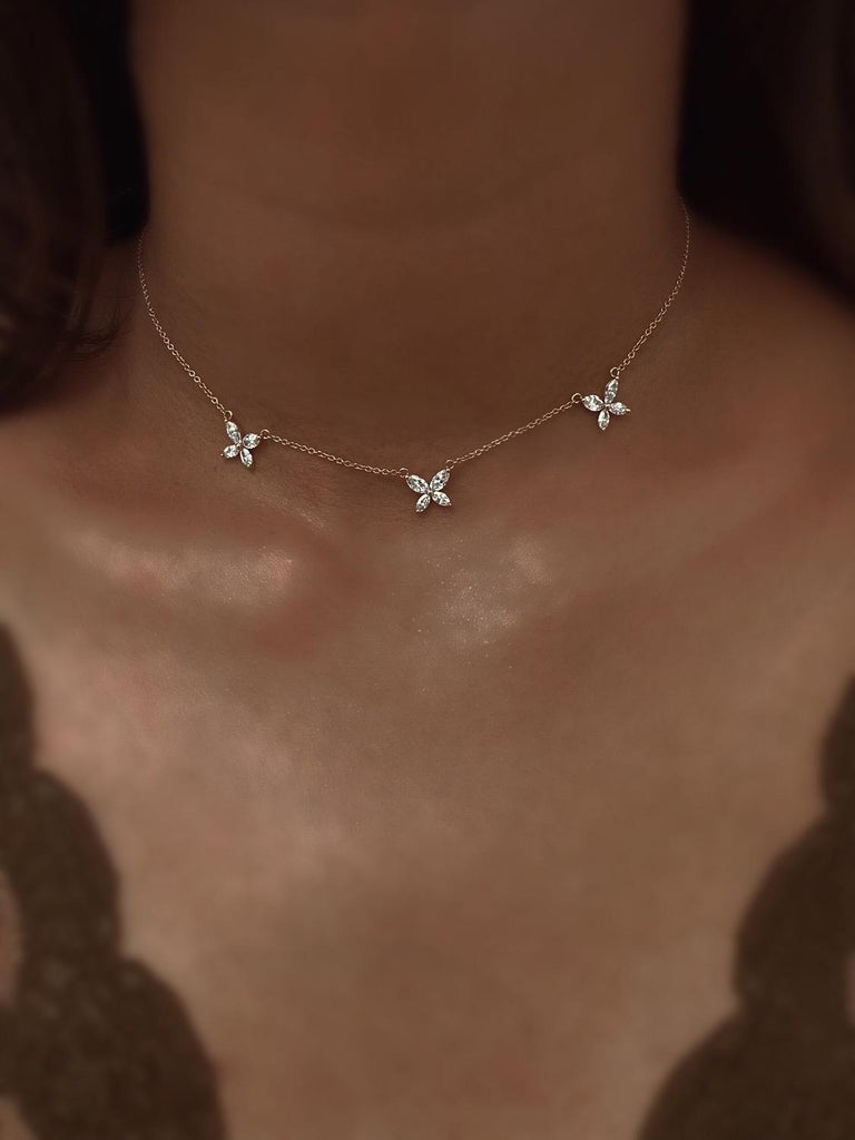 Diamond Three Flower-Butterfly Choker Necklace in 18 Karat Rose Gold ...
