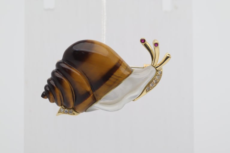 Diamond Tigers-Eye Mother-of-Pearl Gold Snail Brooch For Sale at 1stDibs