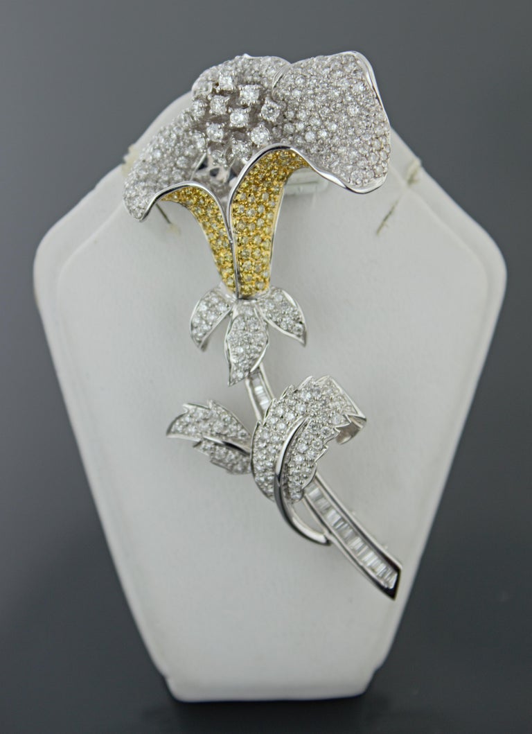 Diamond, Treated Yellow Diamond, 18k White Gold Flower Brooch For Sale ...