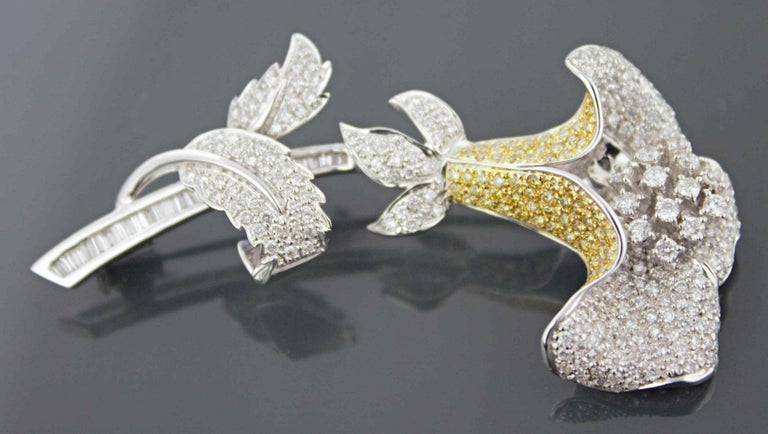 Diamond, Treated Yellow Diamond, 18k White Gold Flower Brooch For Sale ...