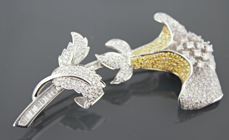 Diamond, Treated Yellow Diamond, 18k White Gold Flower Brooch For Sale ...