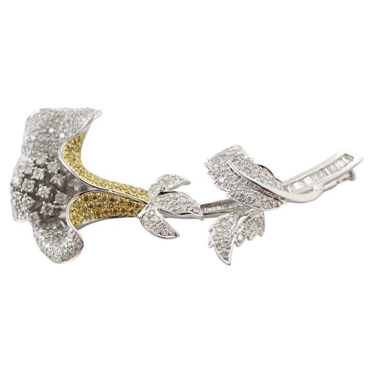 Diamond, Treated Yellow Diamond, 18k White Gold Flower Brooch For Sale ...