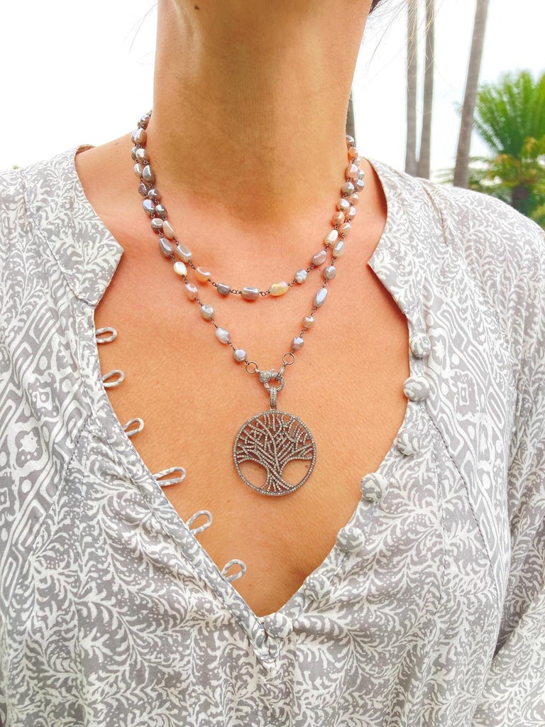 Diamond Tree of Life Silver Pendant on Sillimanite Beads Necklace For ...