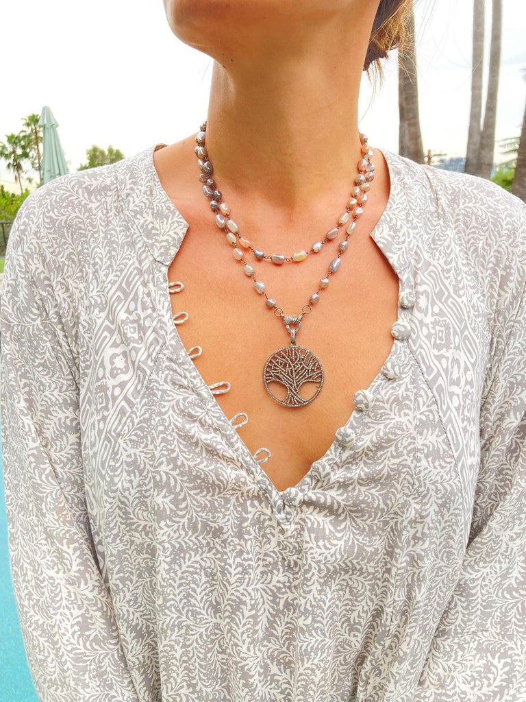 Diamond Tree of Life Silver Pendant on Sillimanite Beads Necklace For ...