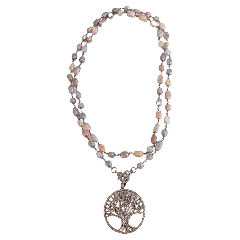 Diamond Tree of Life Silver Pendant on Sillimanite Beads Necklace For ...
