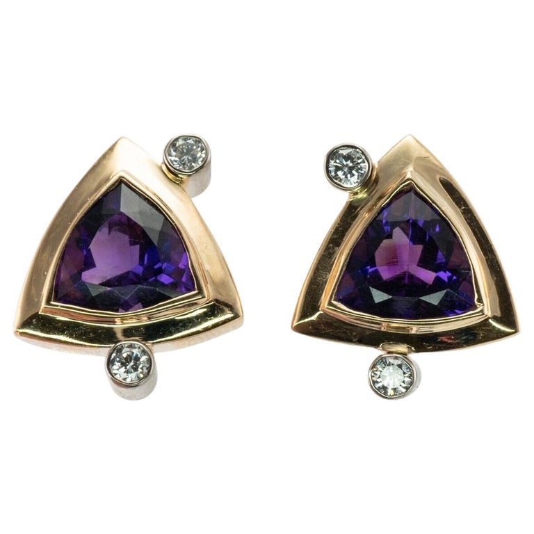 Diamond Trillion Amethyst Earrings 14K Yellow Gold For Sale at 1stDibs