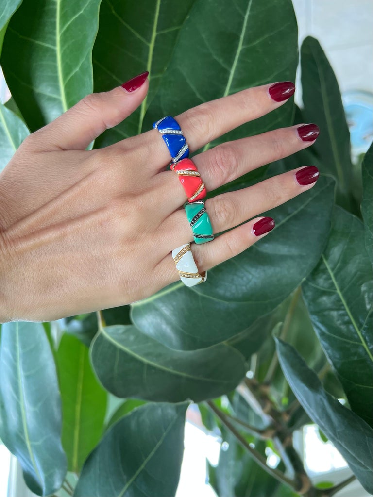 Diamond Turquoise Light Blue Enamel Eternity Band Unique Stretch 18K Gold Ring For Sale at 1stDibs