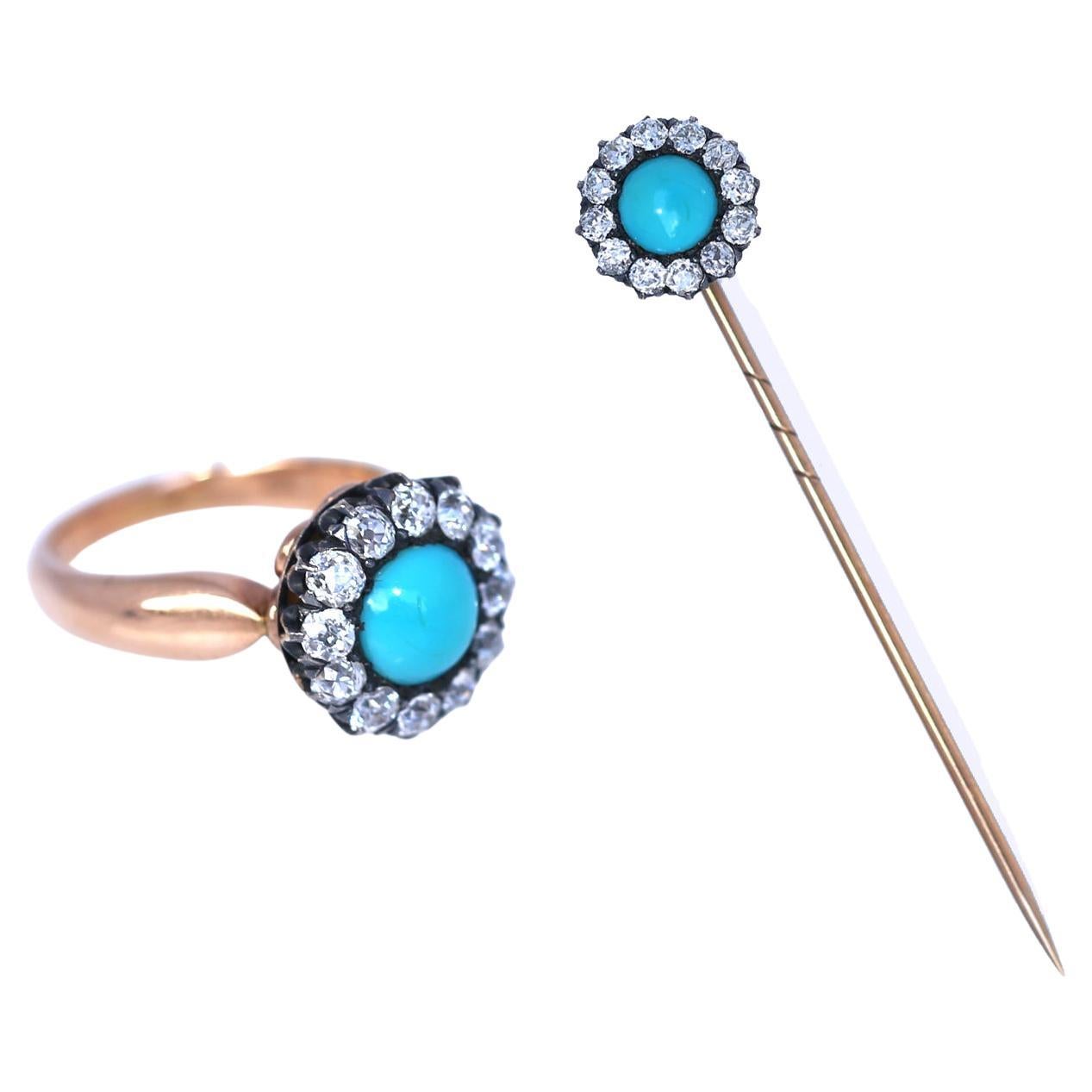 Diamond Turquoise Ring Transformer Brooch Pin, 1890 For Sale at 1stDibs