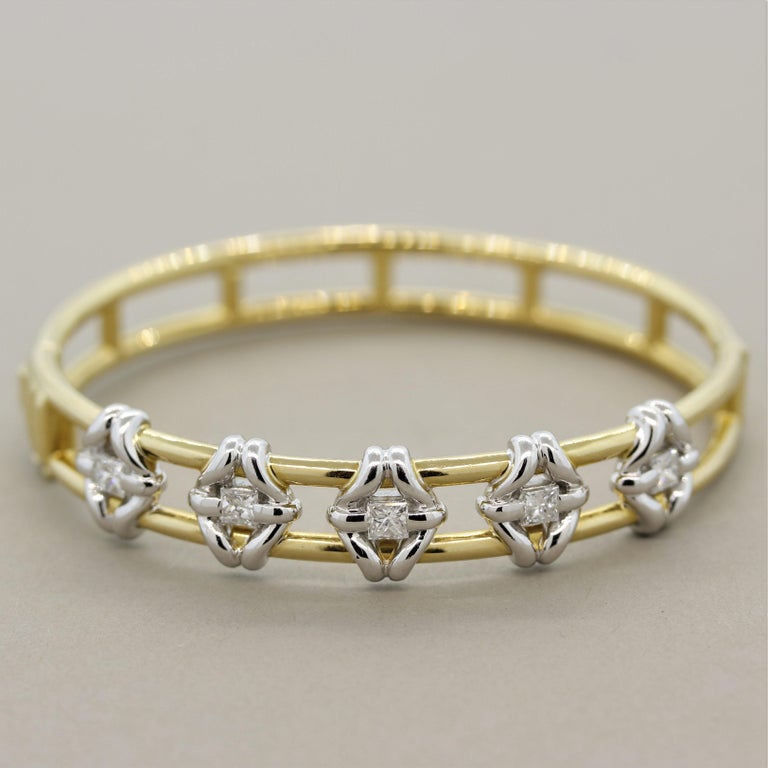 Diamond Two-Tone Gold and Platinum Bangle Bracelet For Sale at 1stDibs